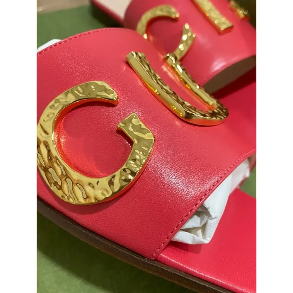 Gucci | Shoes | Gucci Cara Slide Sandal In Runway Coral 38 Leather Gold ...